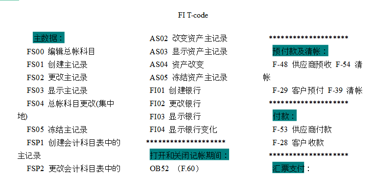 FI模块所有常用T-CODE - 以成Ronny - 博客园